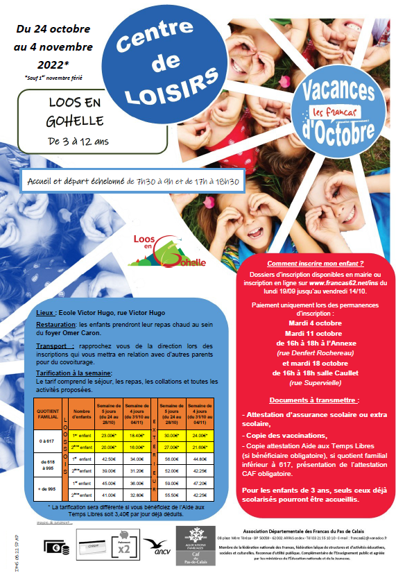 Inscription accueils de loisirs Vacances Toussaint - Ville de Loos-en-Gohelle